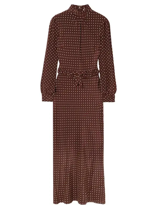 Alessandra Rich Ruffled Bow-detailed Polka-dot Silk Crepe De Chine Midi Dress - Brown