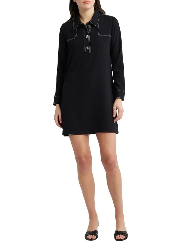 Halogen Contrast Long Sleeve Mini Shirtdress - Rich Black