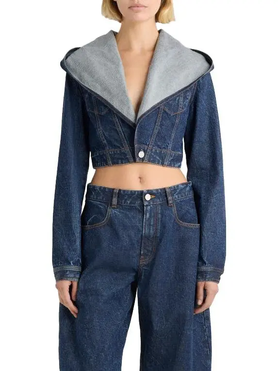 Alaïa Hooded Crop Denim Jacket - Dock Blue