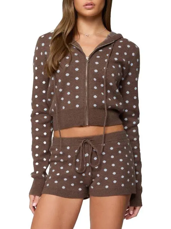 EDIKTED Polka Dot Knit Hooded Jacket - Brown
