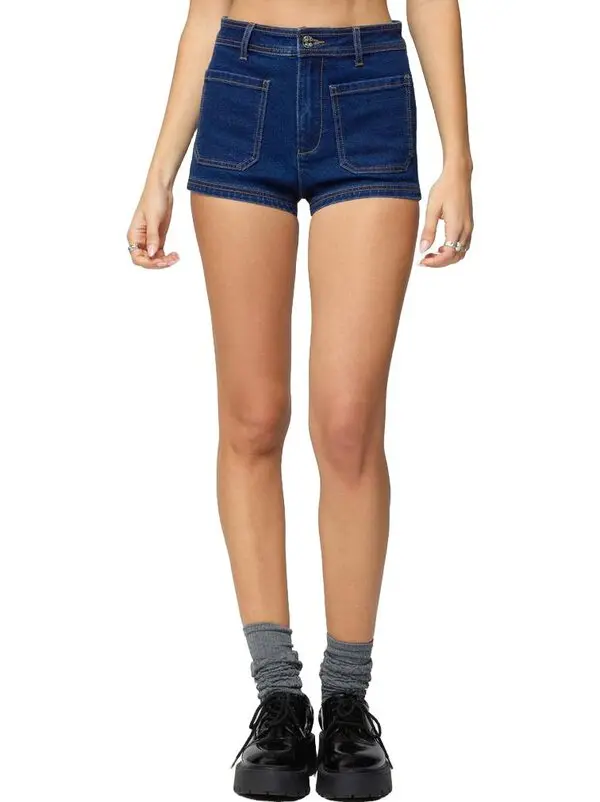 EDIKTED Saren High-waist Denim Micro Shorts - Dark-blue
