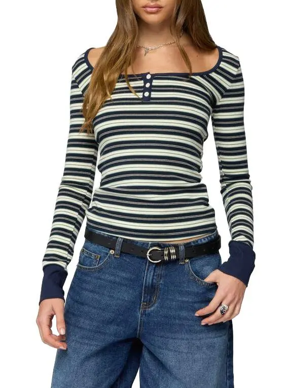 EDIKTED Jaida Stripe Stretch Cotton Henley Top - Blue
