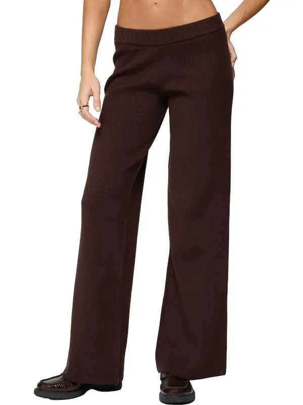 EDIKTED Lorie Wide-leg Rib Knit Pants - Brown