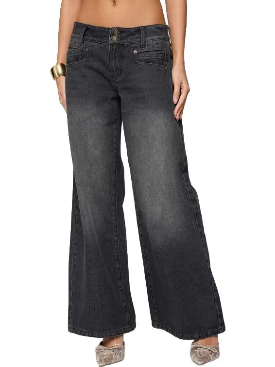 EDIKTED Charlize Washed Low Rise Wide Leg Jeans - Black-washed