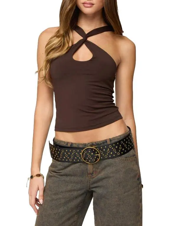 EDIKTED Dariah Twist Crisscross Cutout Halter Top - Dark-brown