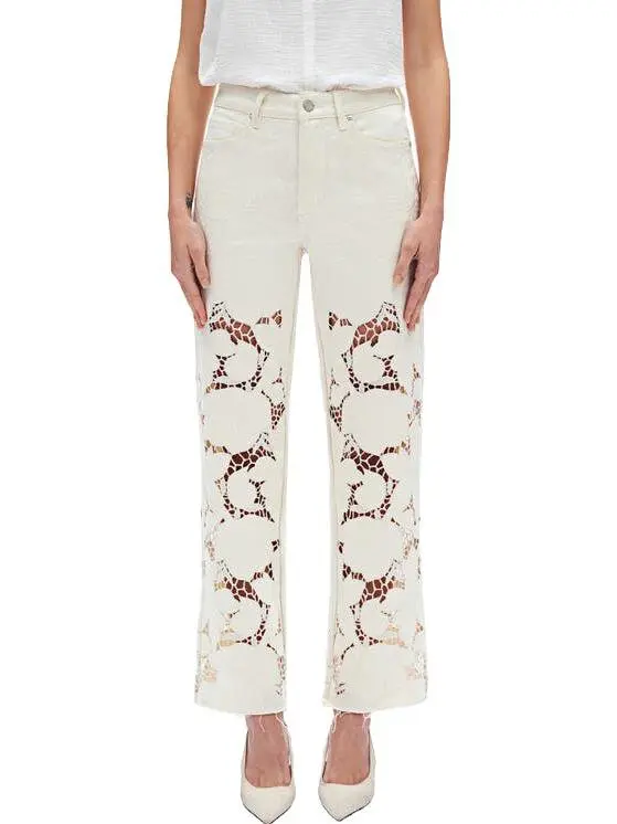BAYEAS Lace Cutout Straight Leg Jeans - Beige