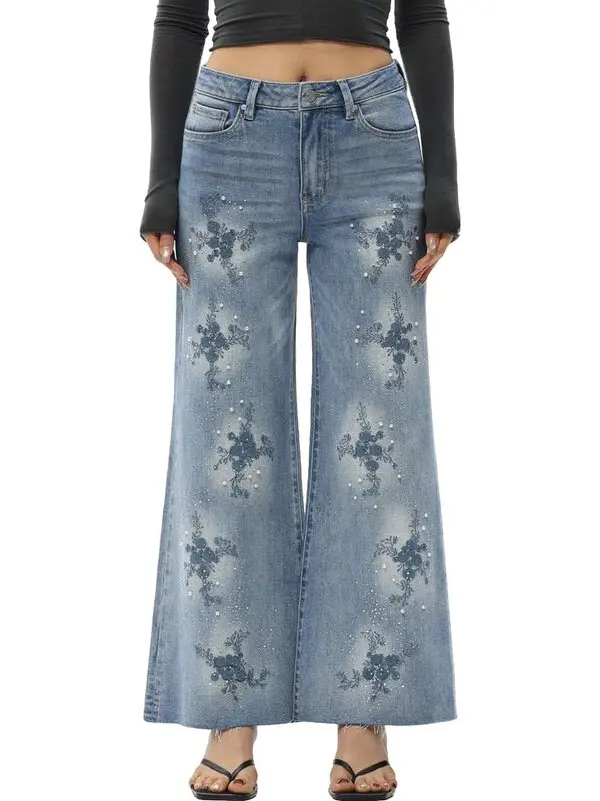 BAYEAS Embroidered Beaded Wide Leg Jeans - Light Blue