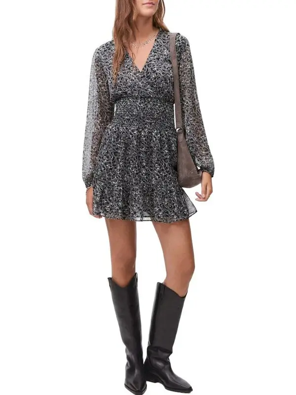 Mango Leopard Print Long Sleeve Mini Dress - Grey