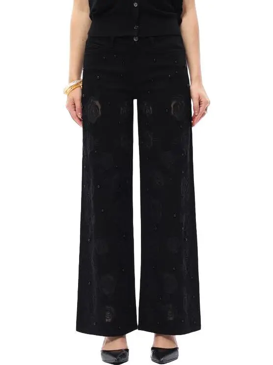 BAYEAS Floral Studded Mid-rise Wide-leg Jeans - Black