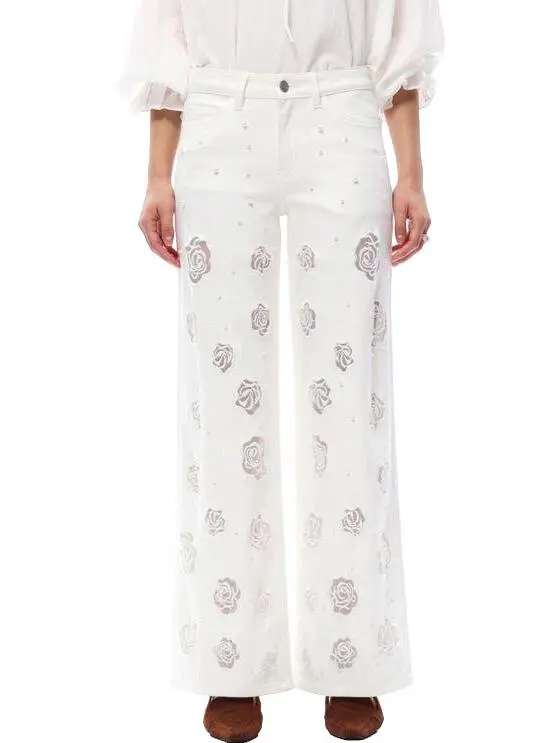 BAYEAS Floral Studded Mid-rise Wide-leg Jeans - White