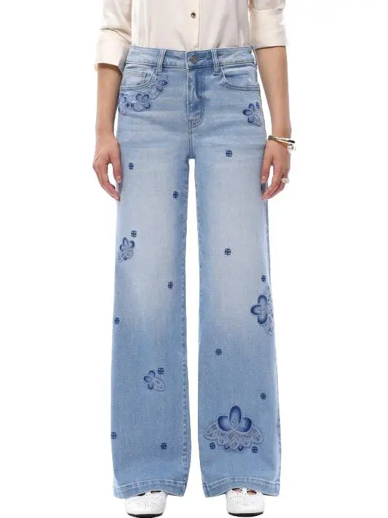 BAYEAS Floral Embroidered Mid-rise Wide-leg Jeans - Light Blue