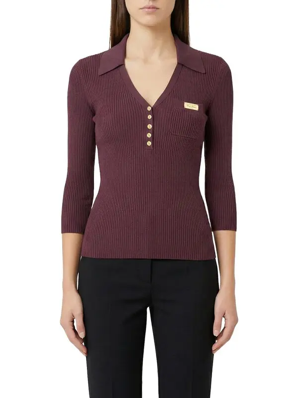 Elisabetta Franchi Ribbed Knit Polo Shirt - Brown