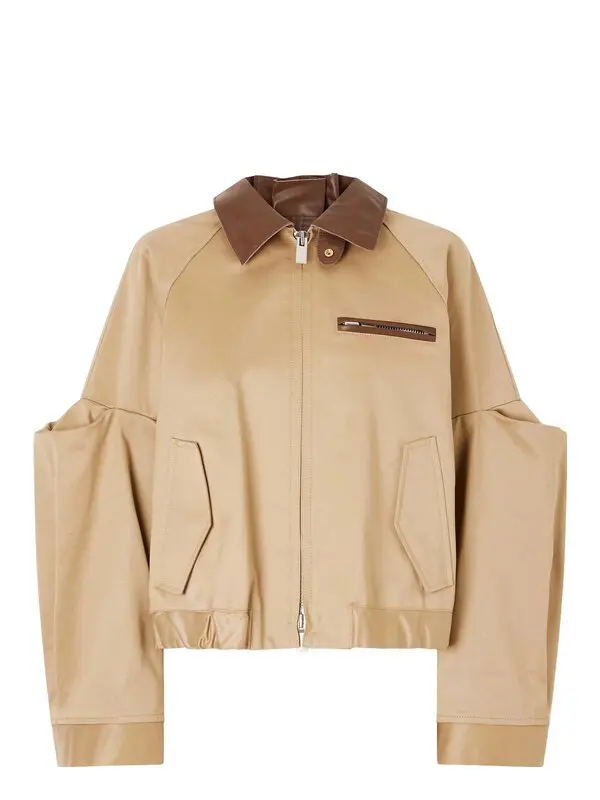 Sacai Pleated Leather-trimmed Cotton-twill Jacket - Neutrals
