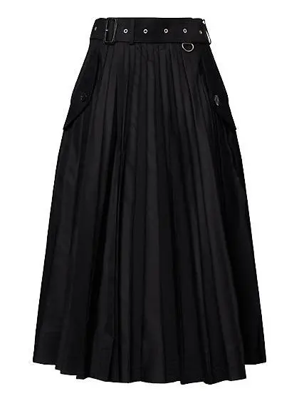 Sacai Pleated Belted Cotton-blend Midi Skirt - Black