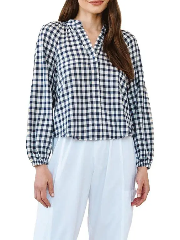 Bella Dahl Gingham Long Sleeve Popover Top - Navy Gingham