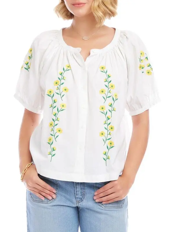 Karen Kane Floral Embroidered Cotton Peasant Top - White