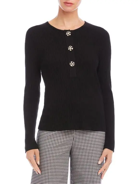 Karen Kane Rib Knit Half Placket Top - Black