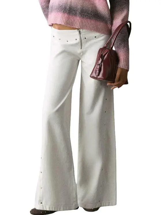Mango Studded Wide-leg Jeans - Off White