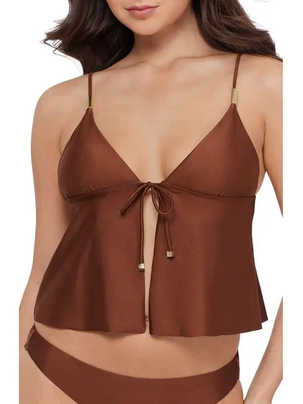 Steve Madden Tie Front Crop Tankini Top - Oak Brown