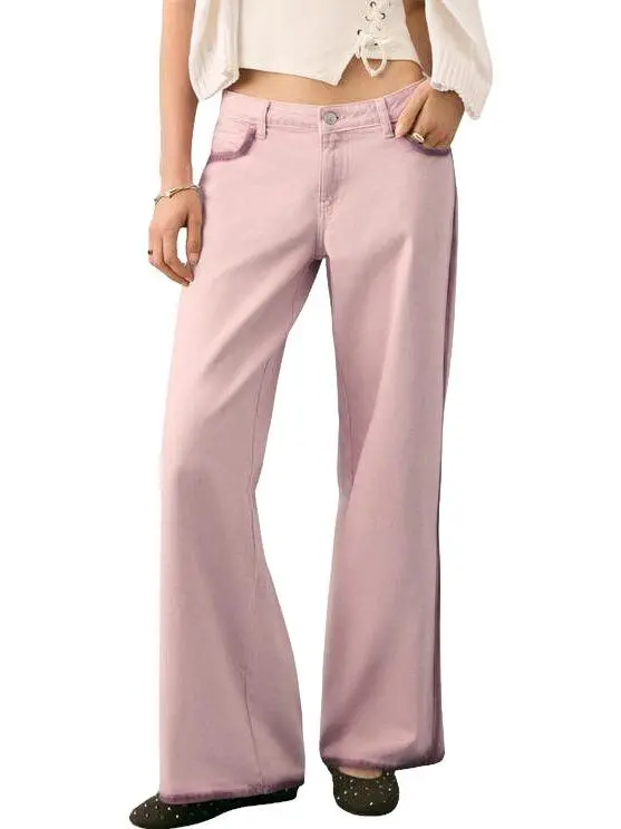 Mango Contrast Trim Wide Leg Jeans - Pale Pink