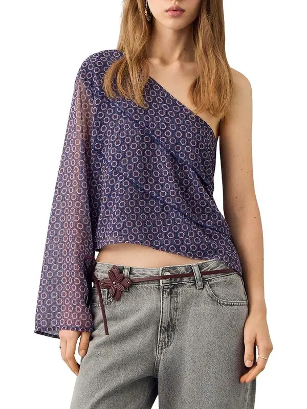 Mango Scarf Print One-shoulder Top - Dark Navy