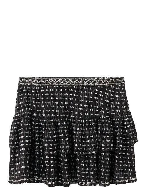 Mango Print Sequin Layered Ruffle Miniskirt - Black