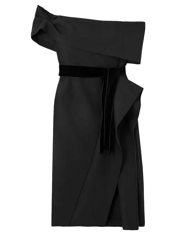 Oscar De La Renta Off-the-shoulder Belted Velvet-trimmed Grain De Poudre Wool-blend Midi Dress - Black