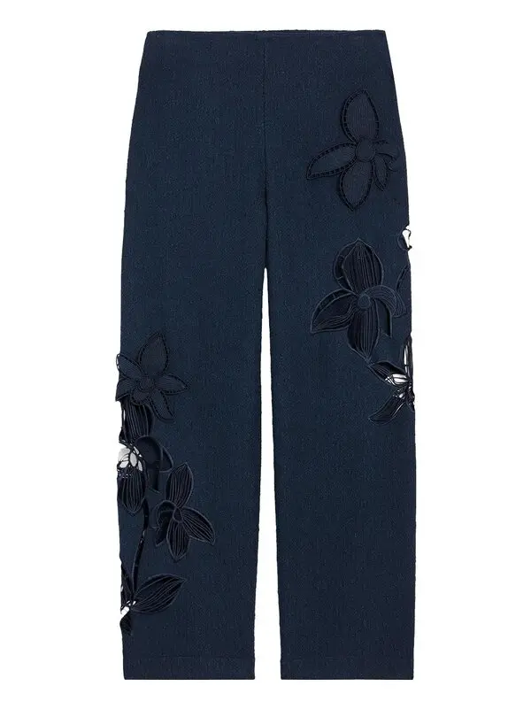 Oscar De La Renta Floral-appliquéd Cotton-blend Tweed Straight-leg Pants - Navy