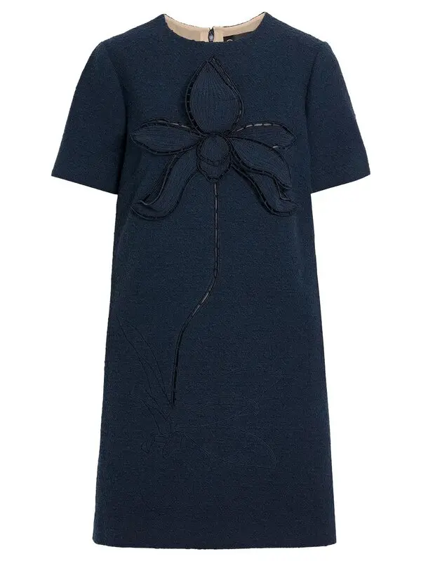 Oscar De La Renta Floral-appliquéd Cotton-blend Tweed Mini Dress - Navy