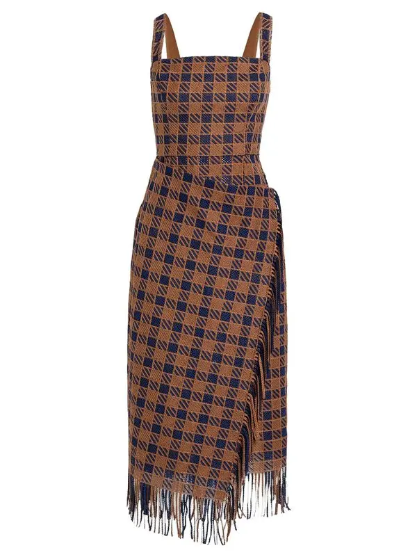 Oscar De La Renta Fringed Checked Guipure Lace Midi Dress - Light Brown