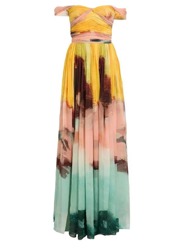 Oscar De La Renta Off-the-shoulder Draped Printed Silk-chiffon Gown - Saffron