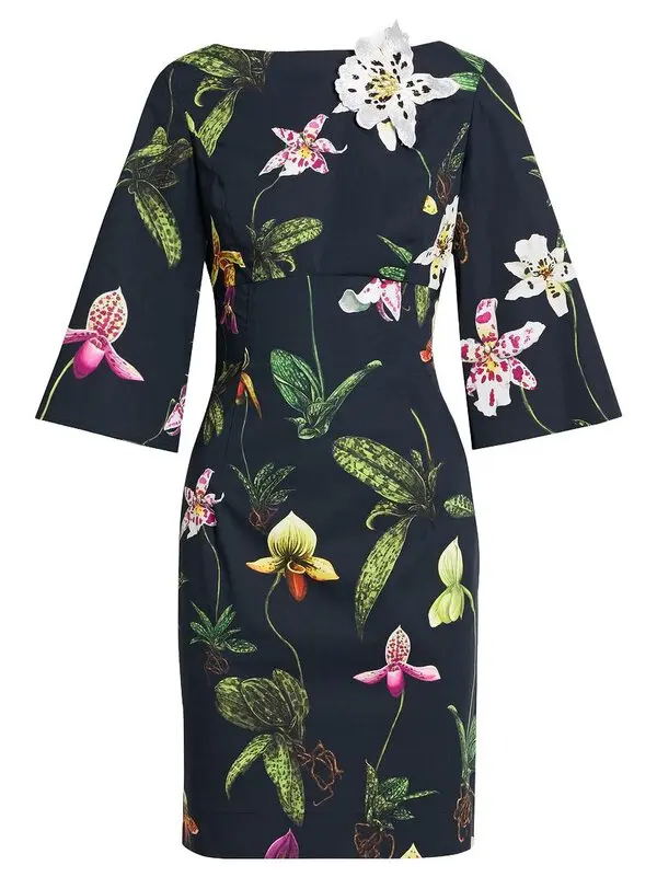 Oscar De La Renta Floral-print Cotton-blend Poplin Mini Dress - Navy