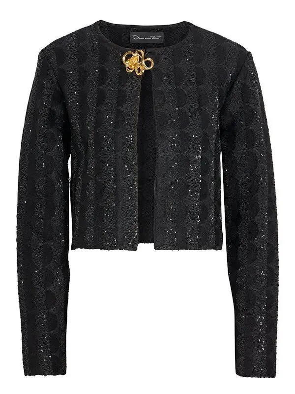 Oscar De La Renta Cropped Embellished Jacquard-knit Cardigan - Black