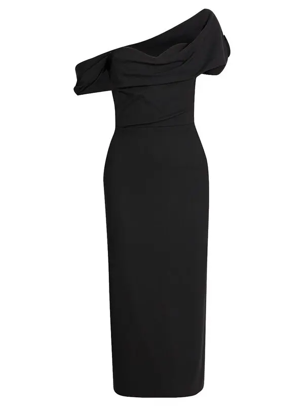 Carolina Herrera One-shoulder Draped Grain De Poudre Wool-blend Midi Dress - Black