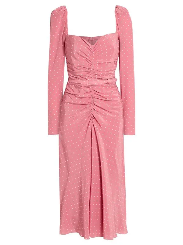 Alessandra Rich Belted Polkadot Silk Crepe De Chine Midi Dress - Pink