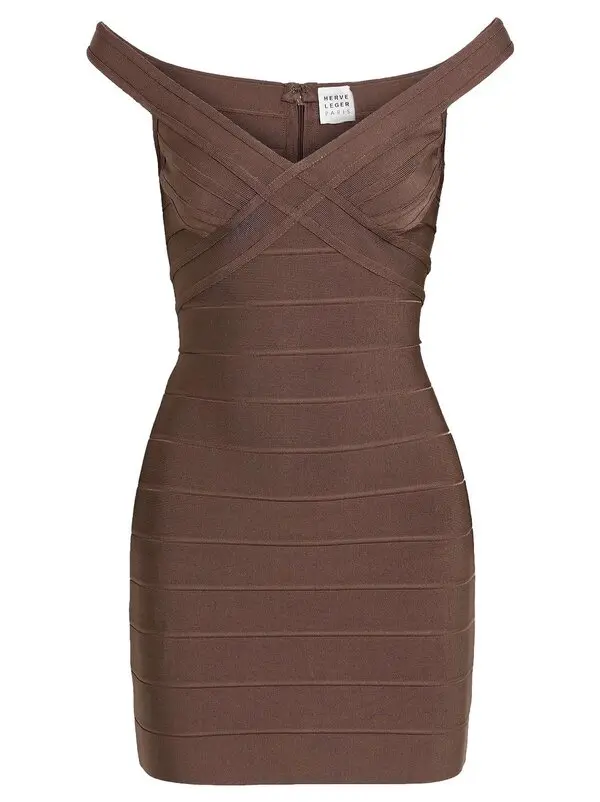 Herve Leger Rachel Off-the-shoulder Bandage Mini Dress - Chocolate
