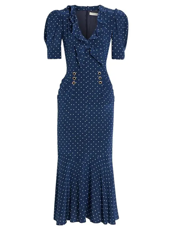 Alessandra Rich Pleated Polka-dot Silk-chiffon Midi Dress - Navy