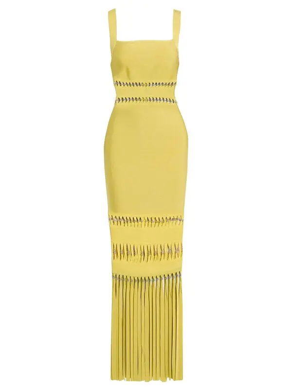 Herve Leger Ines Bead-embellished Fringed Bandage Gown - Chartreuse