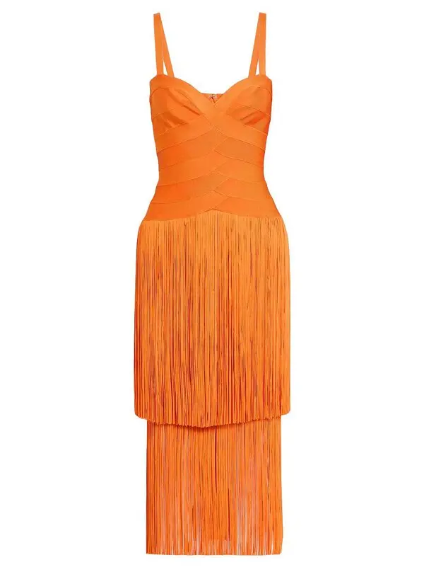 Herve Leger Georgia Fringed Bandage Midi Dress - Orange