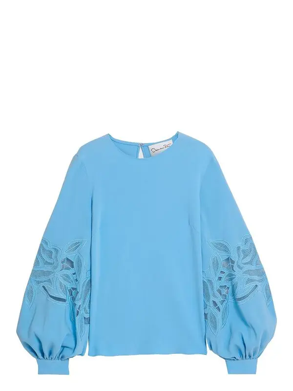 Oscar De La Renta Guipure Lace-paneled Stretch-silk Blouse - Light Blue