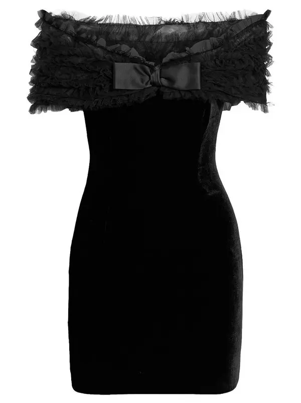 Alessandra Rich Off-the-shoulder Velvet Mini Dress With Tulle Trims - Black