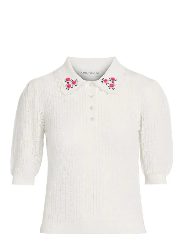 Alessandra Rich Floral-appliquéd Pointelle-knit Wool Polo Sweater - Off-white