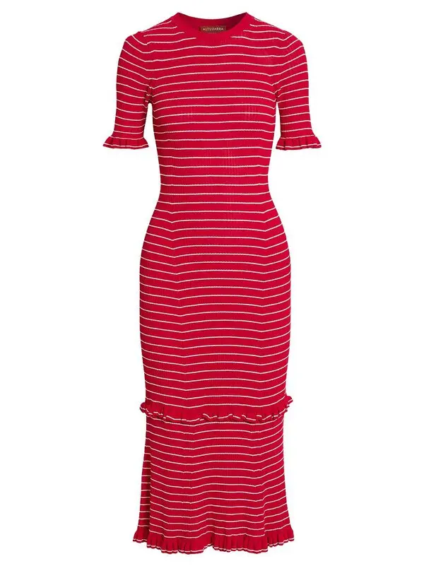 Altuzarra Ruffled Striped Ribbed-knit Midi Dress - Red