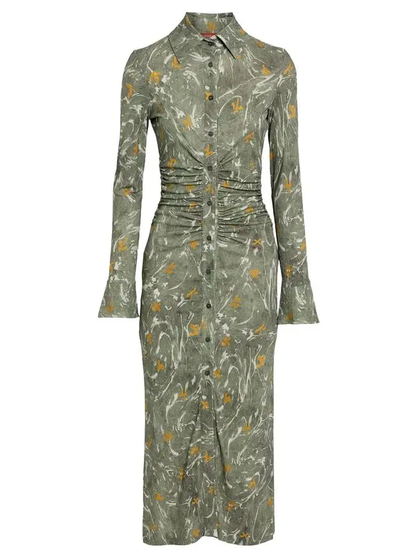 Altuzarra Ruched Printed Crepe Midi Shirt Dress - Grey Green
