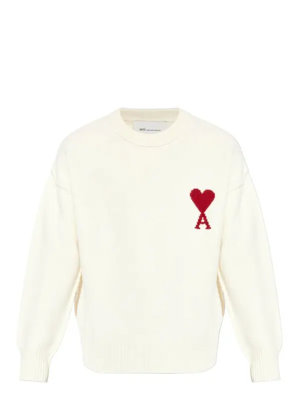 Ami Wool Sweater With Logo - Cream