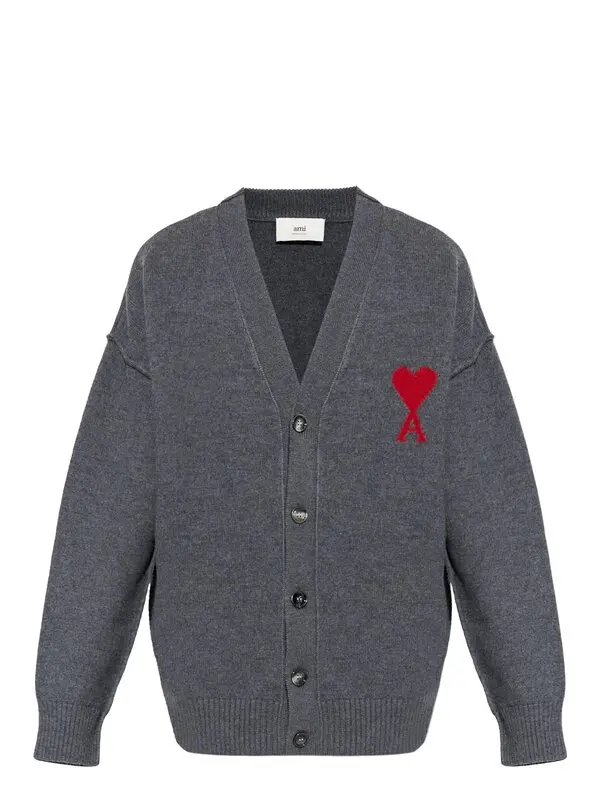Ami Wool Cardigan With Logo - Grey