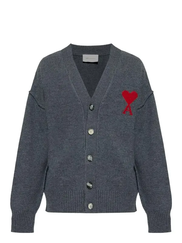 Ami Wool Cardigan With Logo - Grey