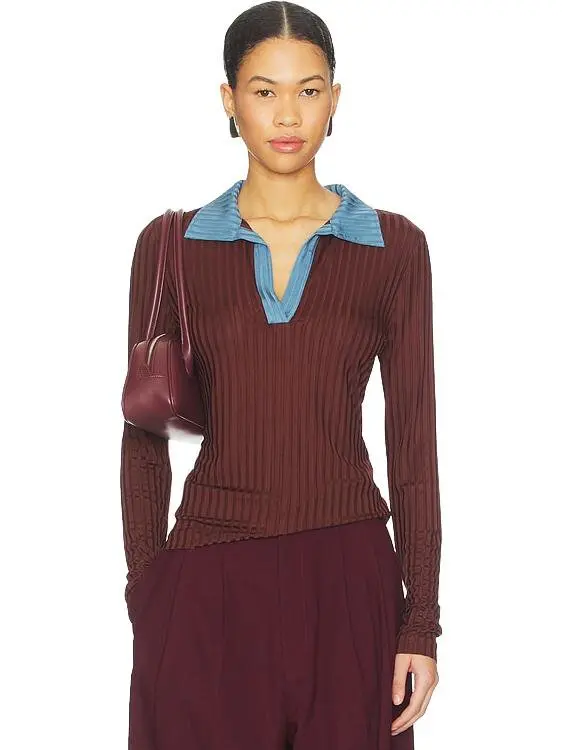 Rag & Bone Natalia Colorblock Long Sleeve Polo - Chocolate Brown
