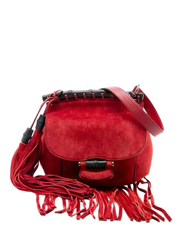 Gucci Small Suede Bamboo Nouveau Fringe Crossbody Bag - Red