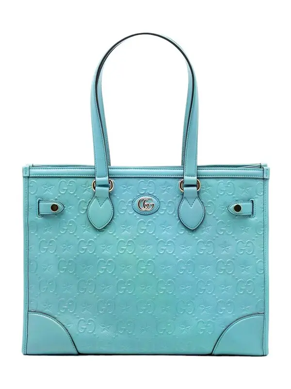Gucci Gg Star Embossed Leather Tote Bag - Blue
